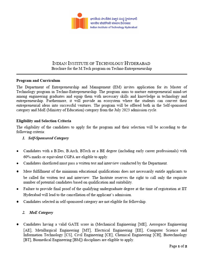 Techno Entrepreneurship MTech Brochure 2023 | PDF | Engineering | Vocational Education