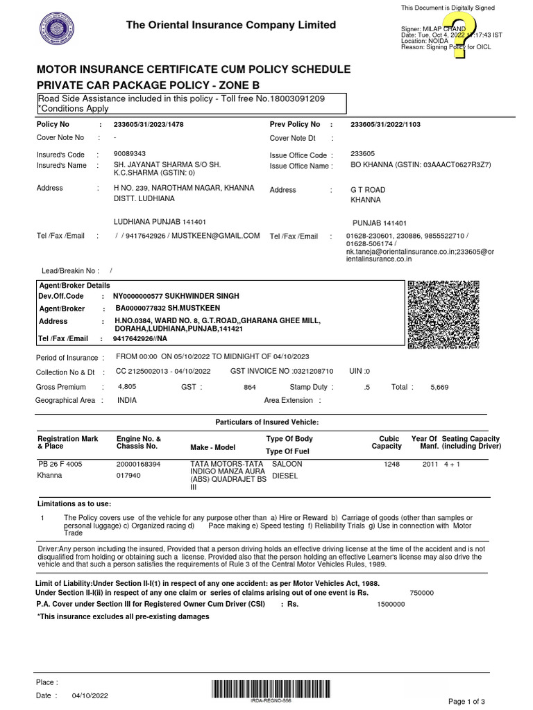 The Oriental Insurance Company Limited | PDF | Insurance | Deductible