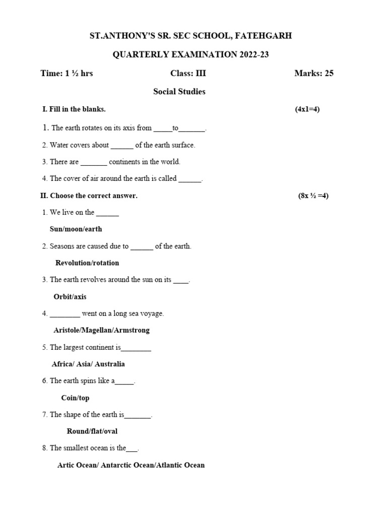 SST Class III Quarterly Exam | PDF