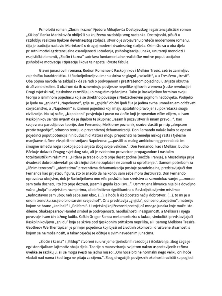 Usporedni Esej, Zločin I Kazna I Kiklop | PDF