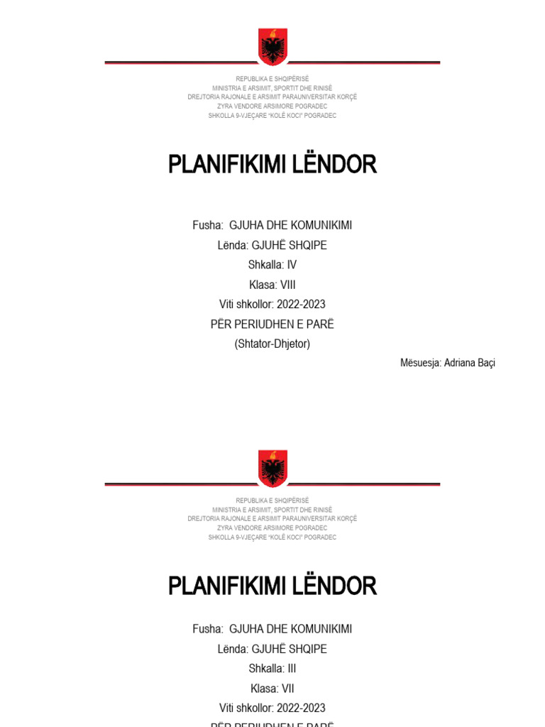 PLANIFIKIMI Lendor Klasa VII-VIII | PDF