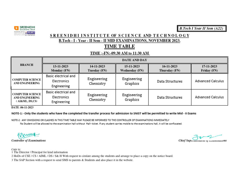 B.tech I Year Ii Sem Ii Mid Time Table Nov 2023 | PDF | Computing | Science