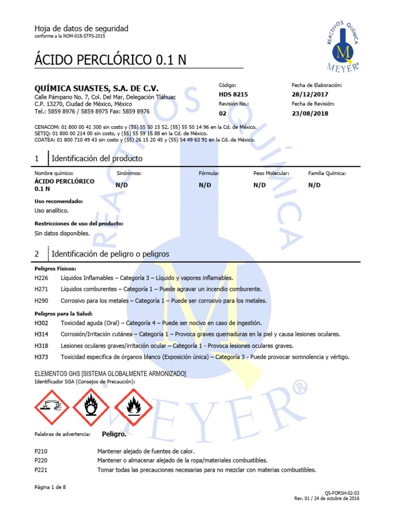 Hoja de Seguridad: Ácido Perclórico | PDF | Residuos | Contaminación