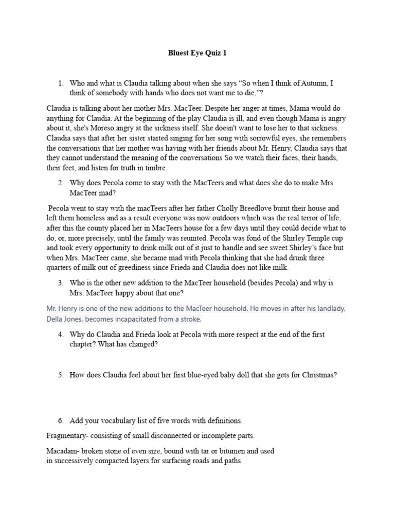 Bluest Eye Quiz 1 | PDF