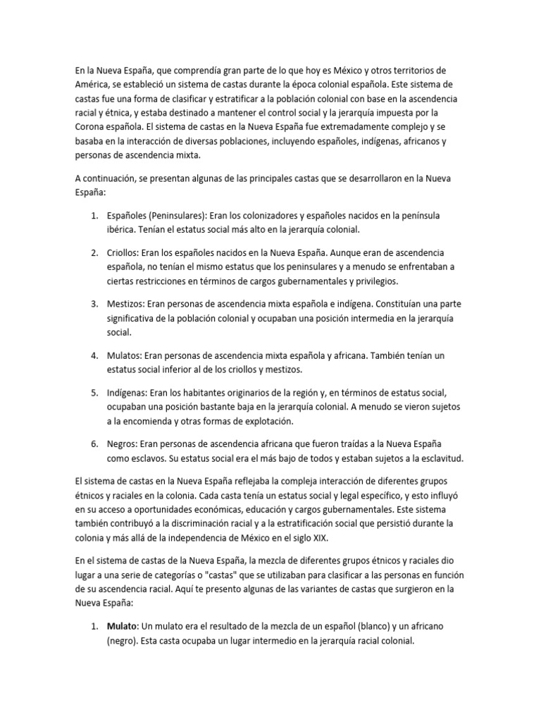 En la Nueva España, clases entre raza y el mestizaje. | PDF | Mulato ...