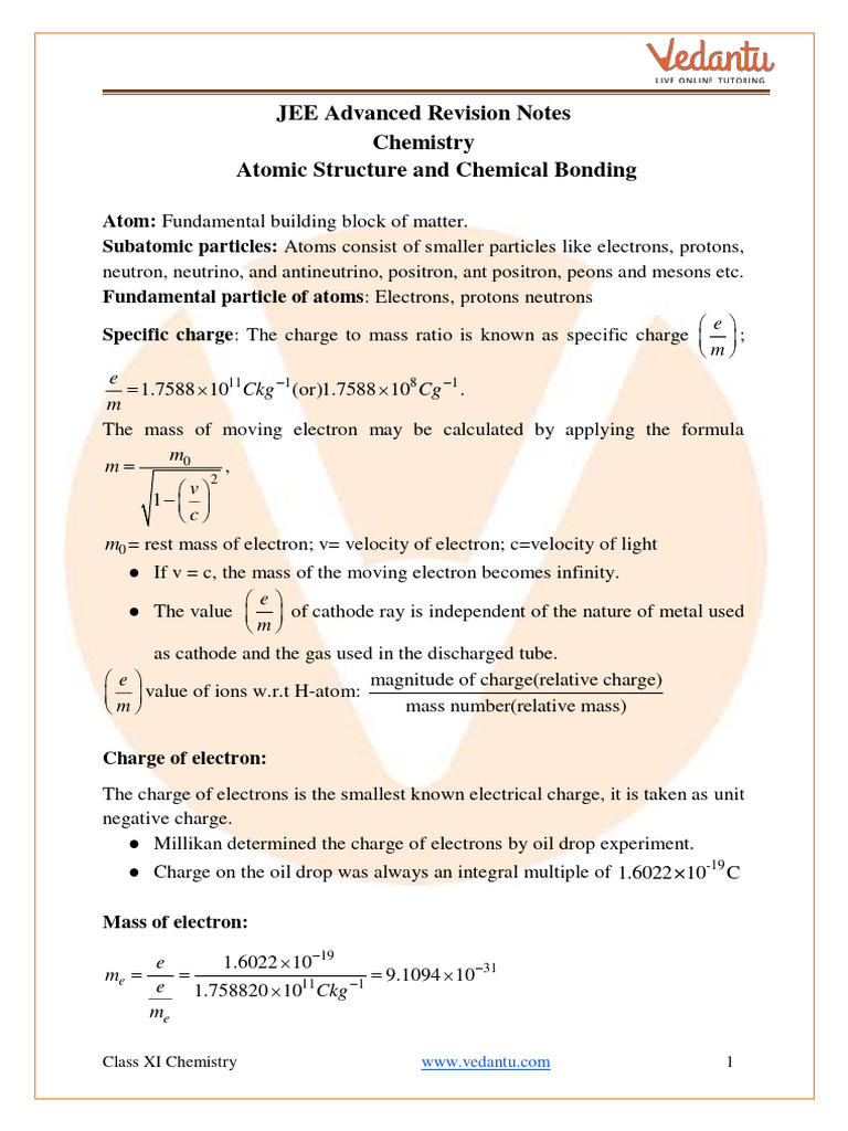 Jee Advanced Atomic Structure and Chemical Bonding Revision Notes | PDF ...