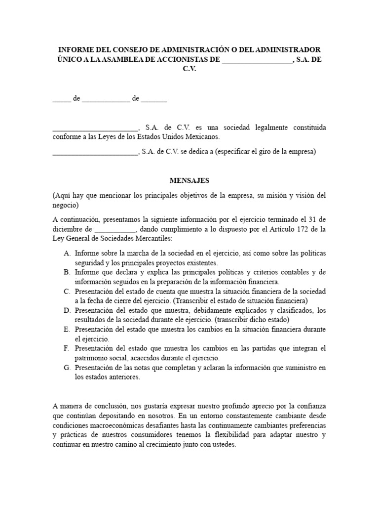 Informe Del Consejo de Administración o Del Administrador Único A La ...
