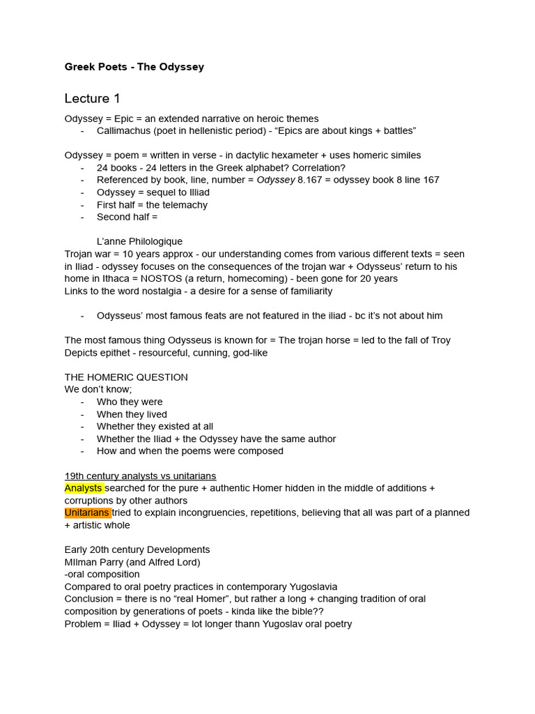 Greek Poets - Lecture Notes | PDF | Homer | Odyssey