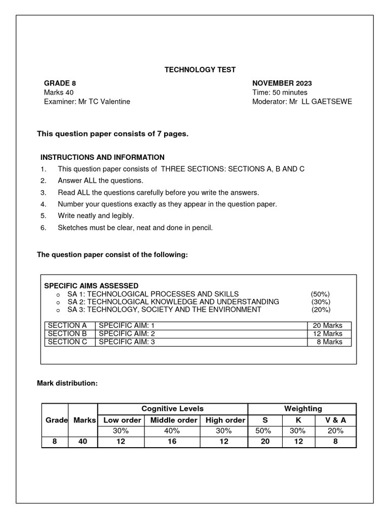 GR 8 Technology 8 Nov Test 2023 | PDF | Gear