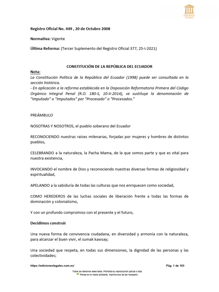 Constitucion de La Republica Del Ecuador | PDF | Invalidez | Ecuador