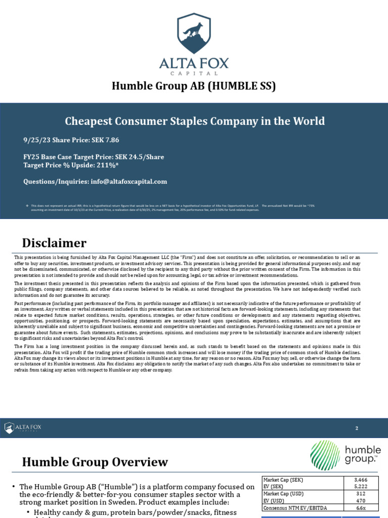 Alta Fox HUMBLE SS Presentation Sept 2023 | PDF | Investing | Internal Rate Of Return