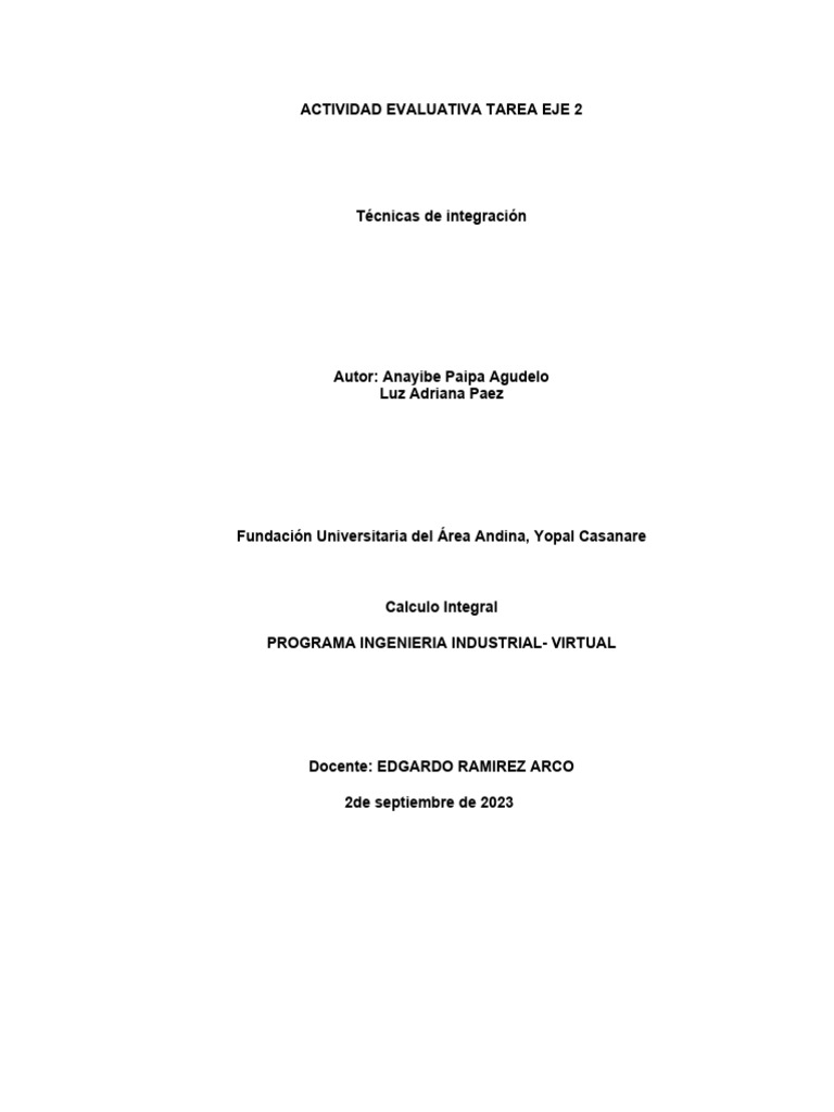 Actividad Evaluativa Tarea Eje 2. | PDF | Integral | Objetos matemáticos
