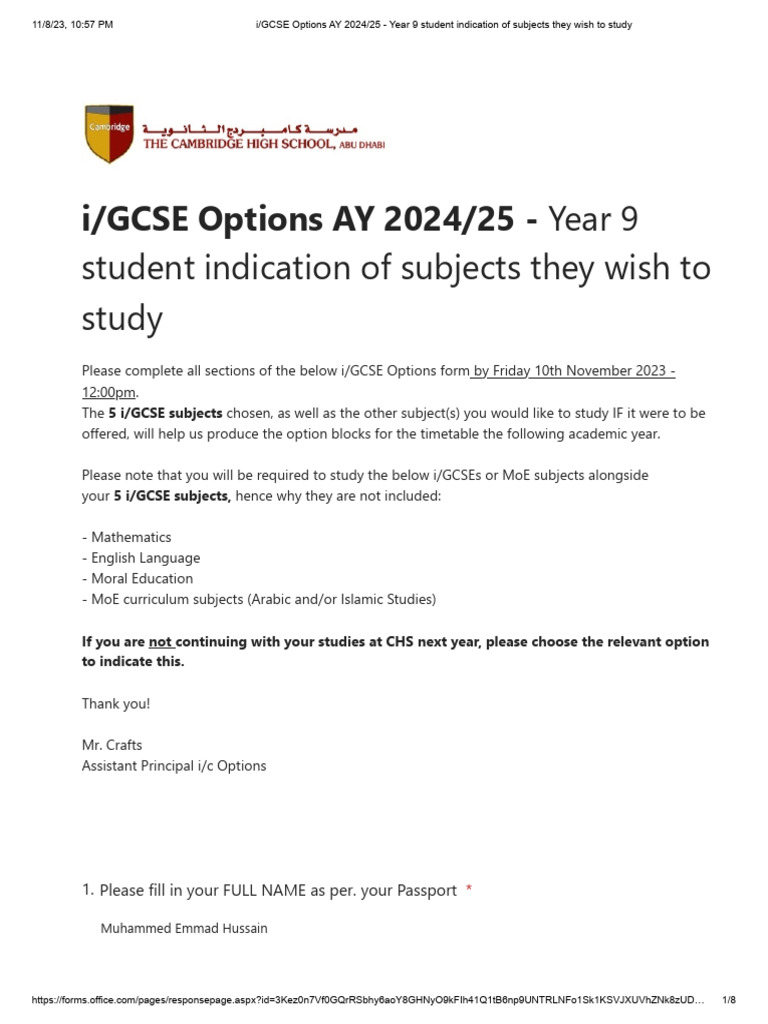 I - GCSE Options AY 2024 - 25 - Year 9 Student Indication of Subjects ...