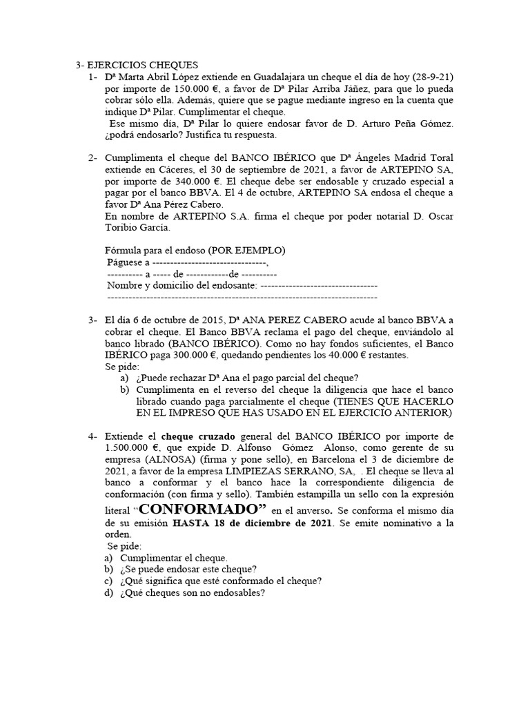 Ejercicios Dictados CHEQUES | PDF | Cheque
