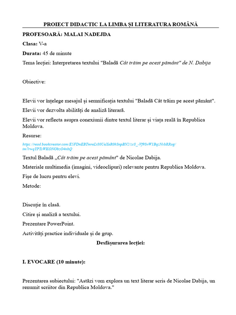 PROIECT DIDACTIC Cât Trăim Pe Acest Pământ Cllasa A VI-A | PDF