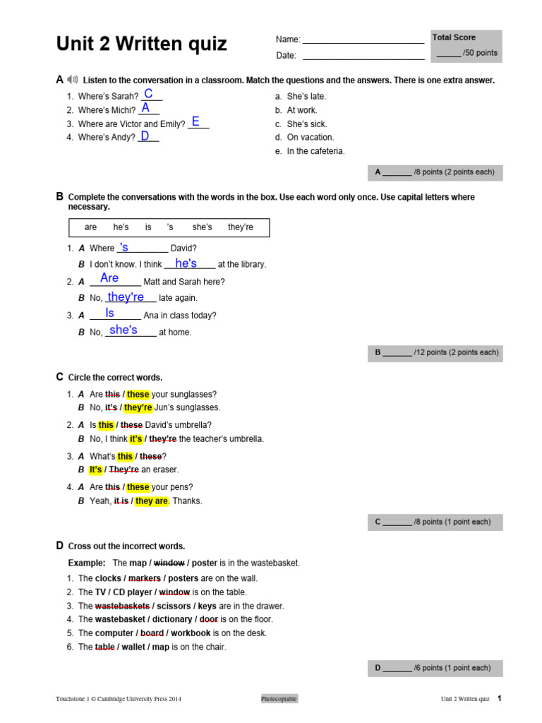 Unit 2 Written Quiz for Touchstone 1 | PDF