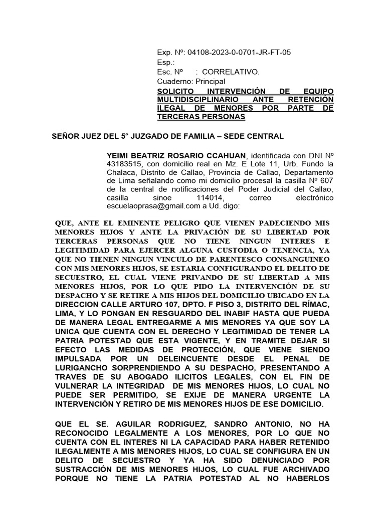 Solicito Intervención de Equipo Multidisciplinario Ante Retención ...