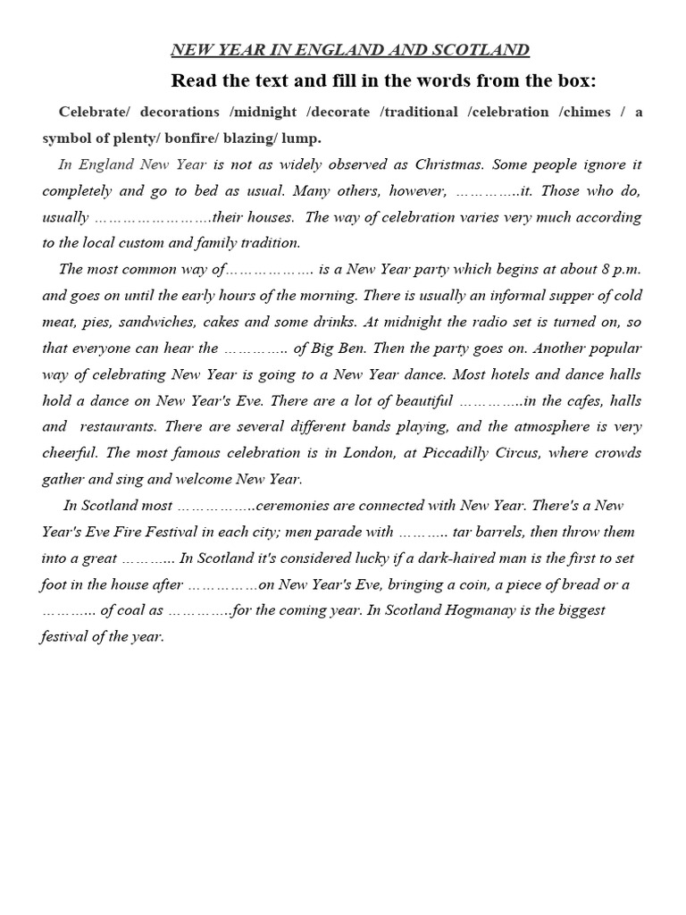 New Year in England and Scotland Reading Comprehension Exercises - 2711 ...