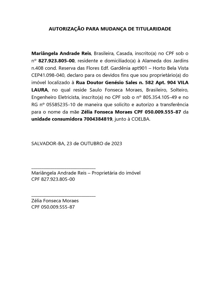 Autorização para Mudança de Titularidade | PDF
