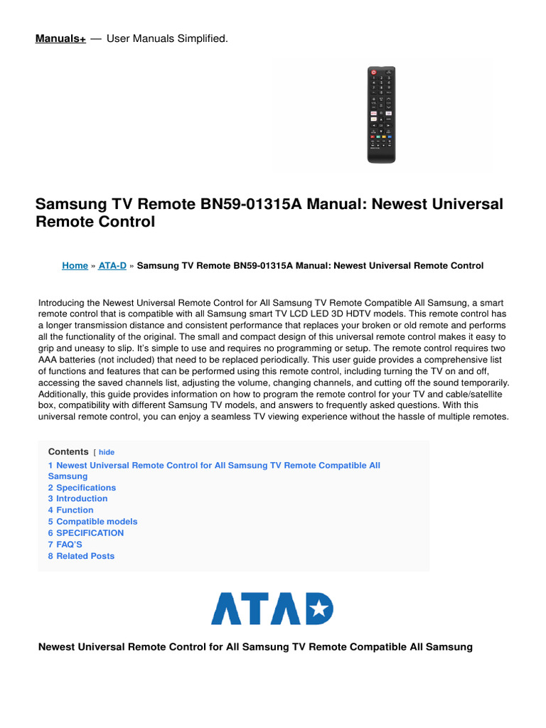 Samsung BN59-01315A UsMan (EN) | PDF | Remote Control | Television