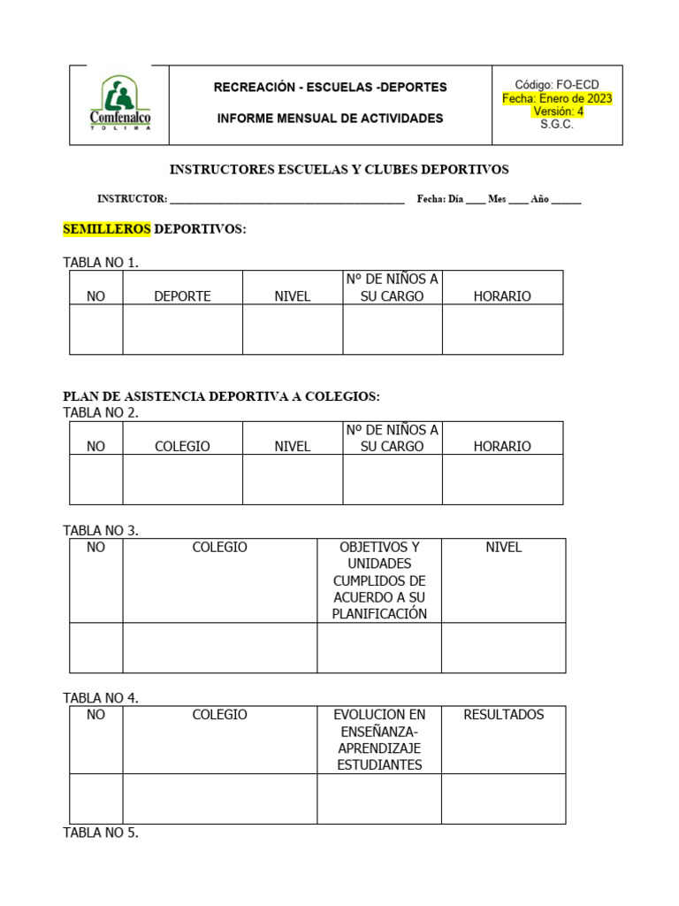 Informe Mensual de Actividades Deportivas | PDF