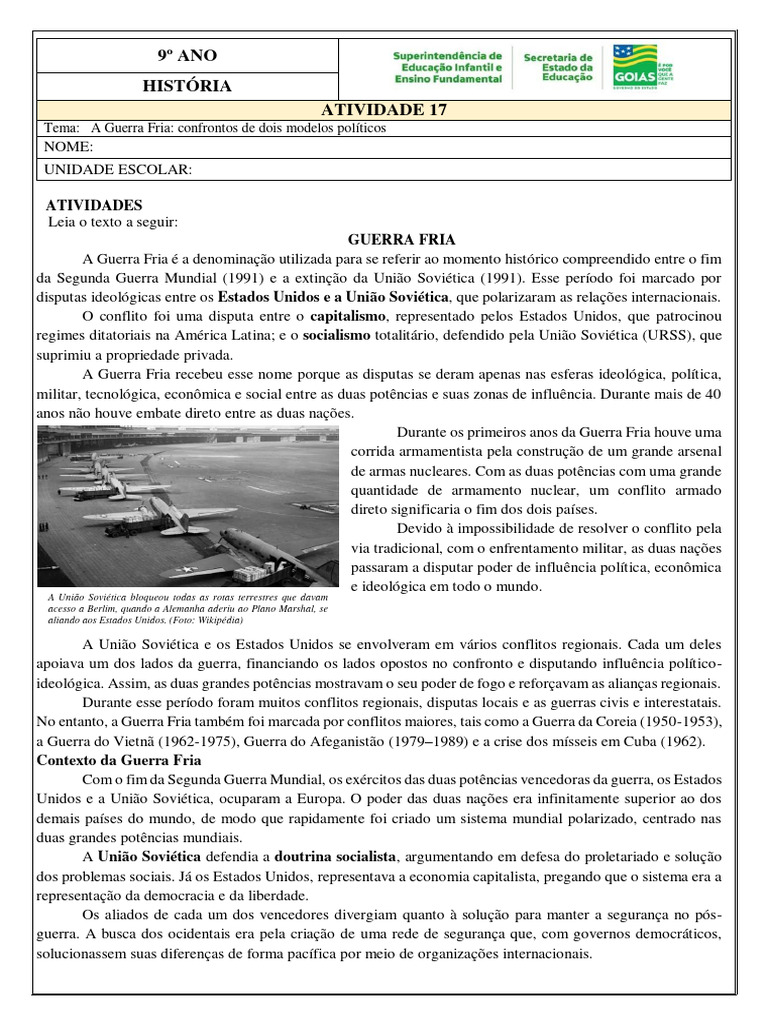 Atividade 17 9o HIS A Guerra Fria Confrontos de Dois Modelos Politicos | PDF | Guerra Fria ...
