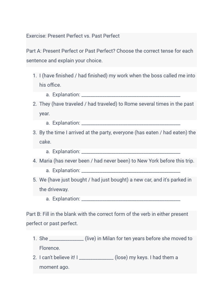 Present vs. Past Perfect Exercise | PDF | Language Mechanics | Grammar