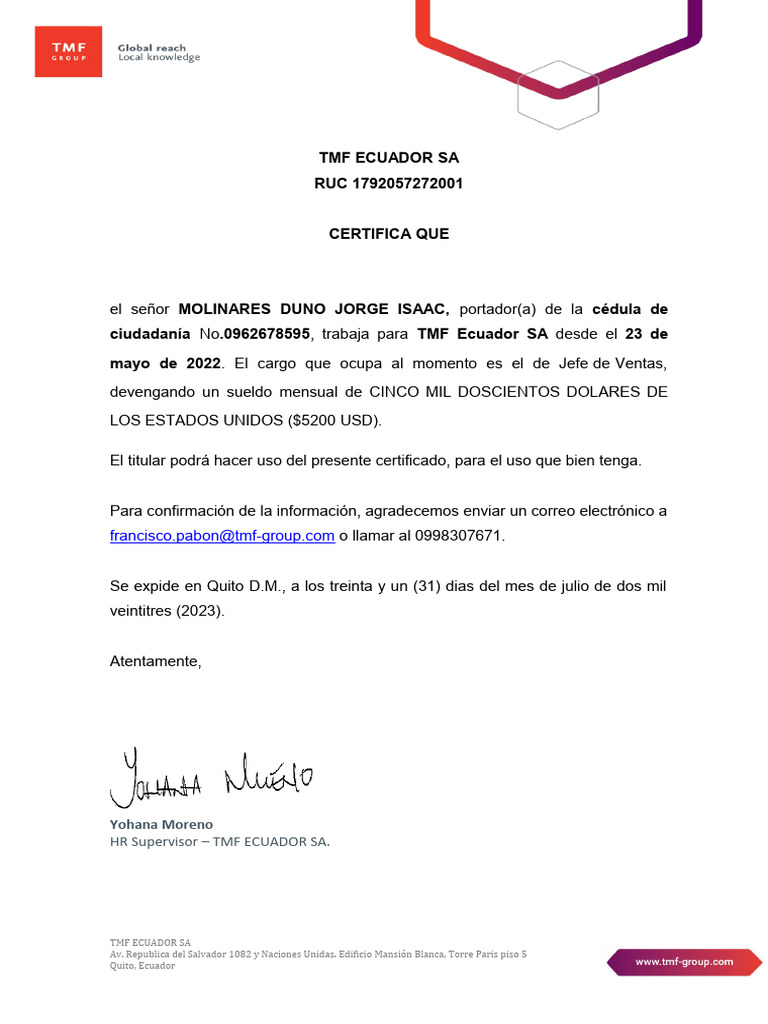Certificado Laboral TMF Ecuador Jorge Molinares | PDF