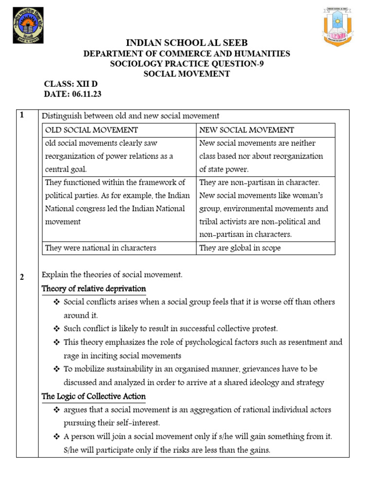 SOCIOLOGY PRACTICE QUESTION-9 Social Movement | PDF | Social Movements ...