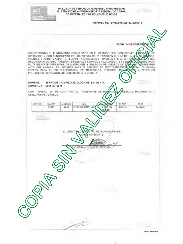 Permiso SCT Placas 142en5 Csvo | PDF