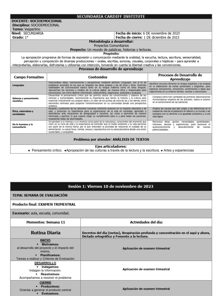 Planeacion Noviembre Socioemocional 1° Secundaria | PDF | Dormir ...