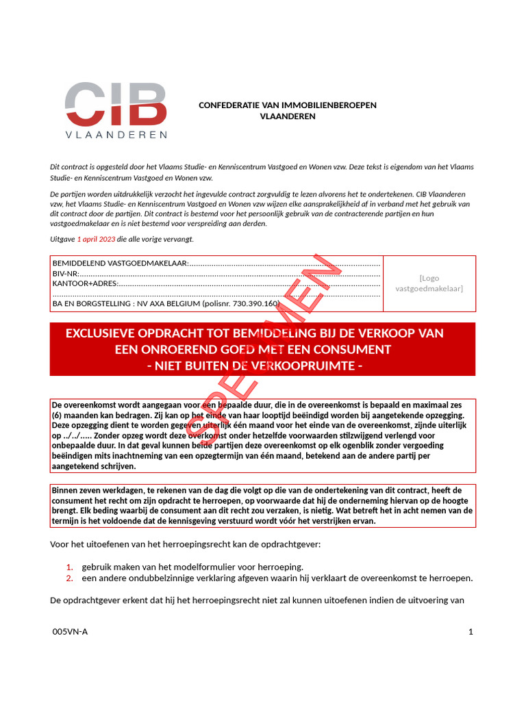 Exclusieve Opdracht Tot Bemiddeling Bij Verkoop Van Een Onroerend Goed ...