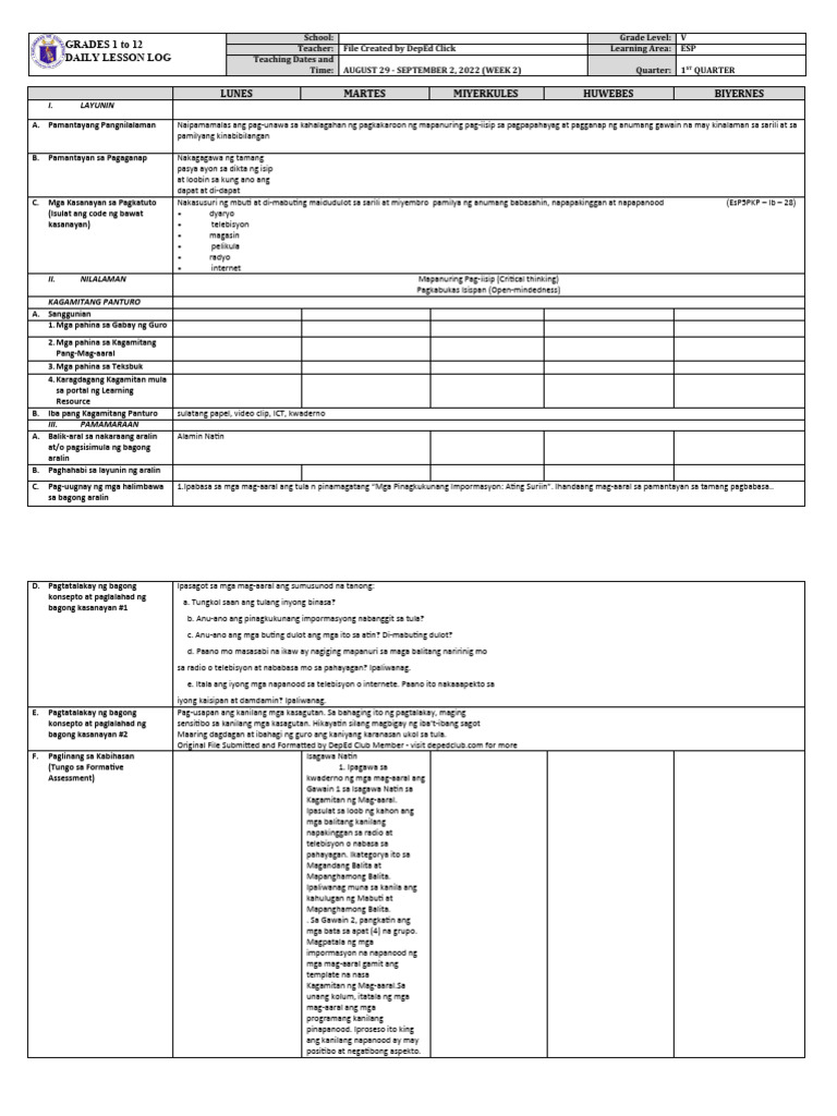 DLL - Esp 5 - Q1 - W2 | PDF