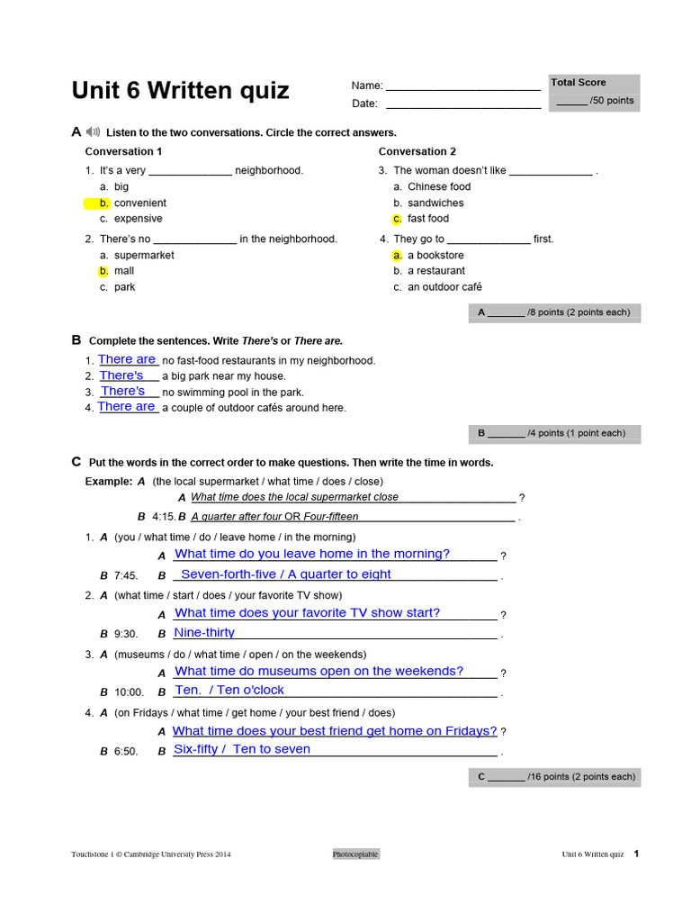 Touchstone 1 - 2nd Edition - Quiz Unit 6 Answer | PDF