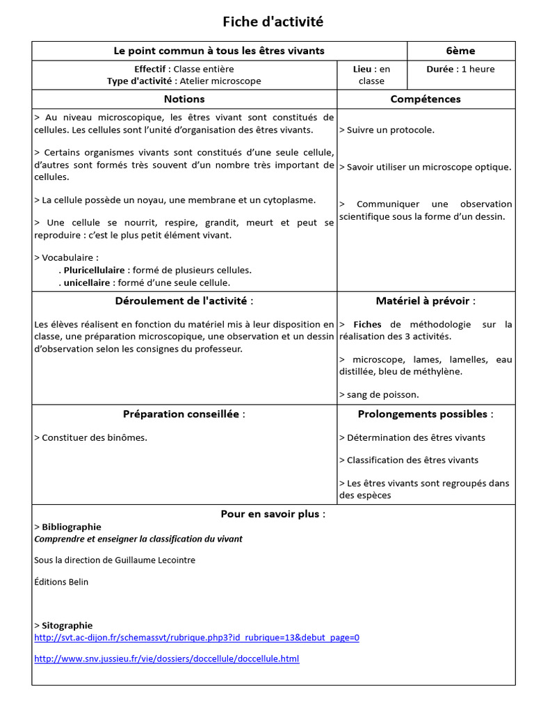 Unité et diversité des êtres vivants 6ème | PDF | Cellule (Biologie ...