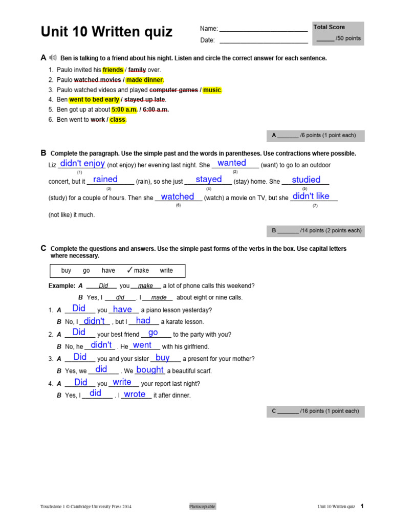 Touchstone 1 - 2nd Edition - Quiz Unit 10 Answer | Download Free PDF ...