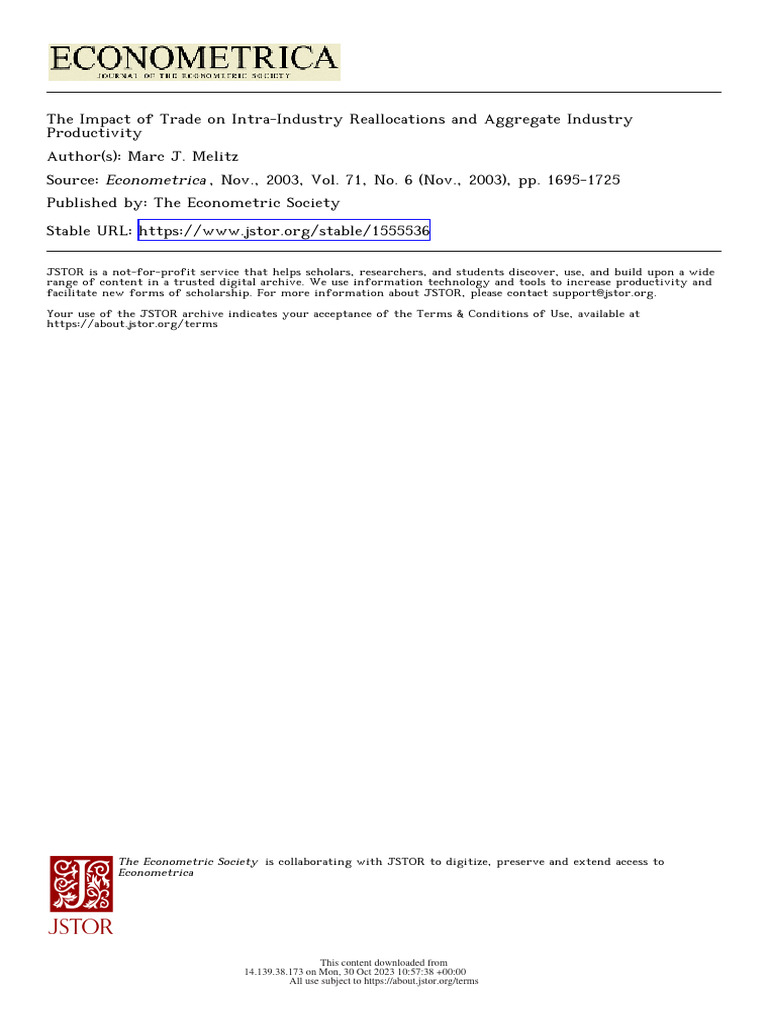 Melitz ImpactTradeIntraIndustry 2003 | PDF | Profit (Economics) | Economic Equilibrium