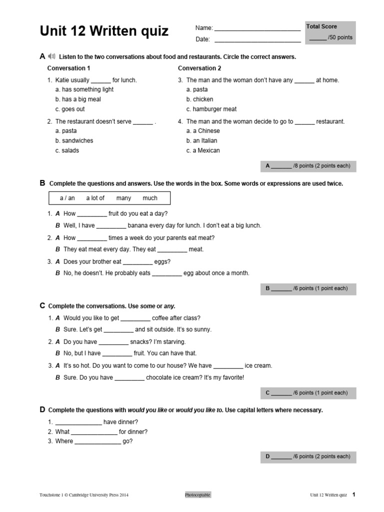 Touchstone 1 - 2nd Edition - Quiz Unit 12 | PDF | Lunch | Meal