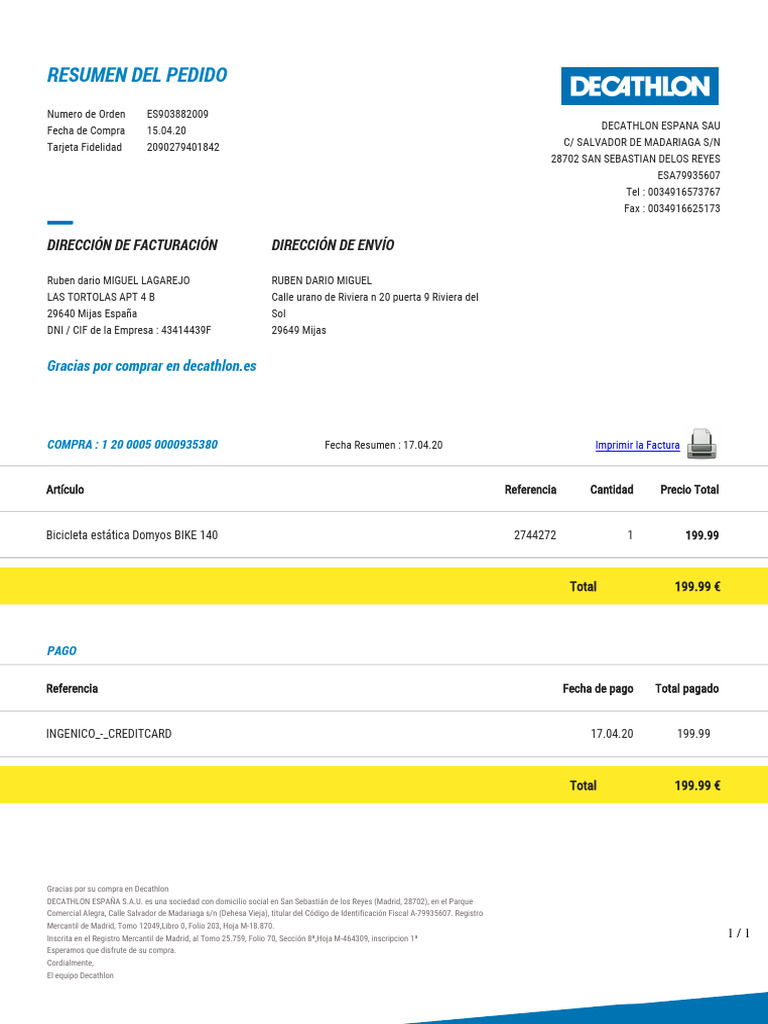 Factura Decathlon Estatica 140 | PDF