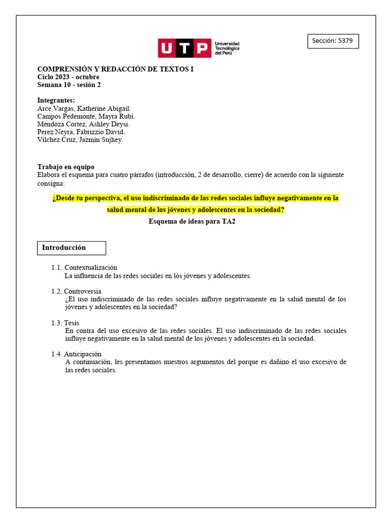 S10.s2 - Esquema para TA2. | PDF | Adolescencia | Salud mental