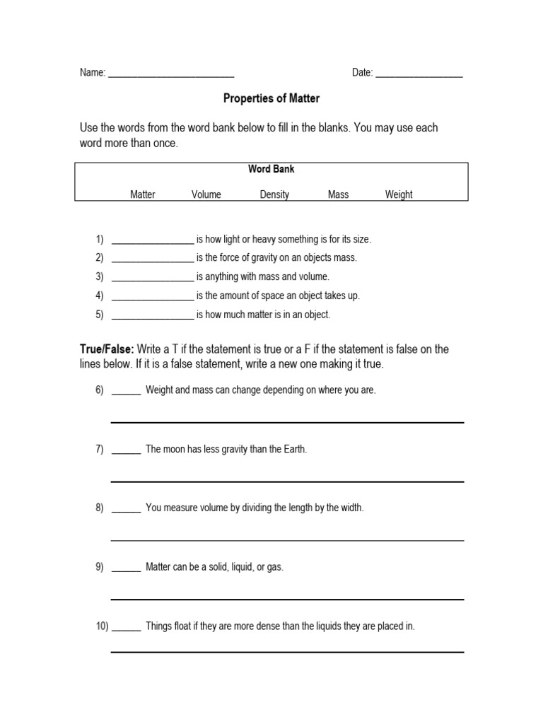 Properties of Matter Worksheet | PDF