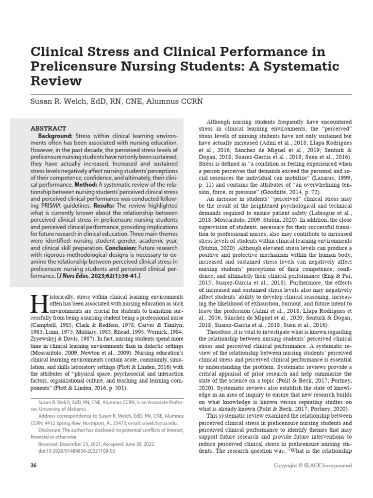 Clinical Stress and Clinical Performance in Prelicensure Nursing Students: A Systematic Review ...