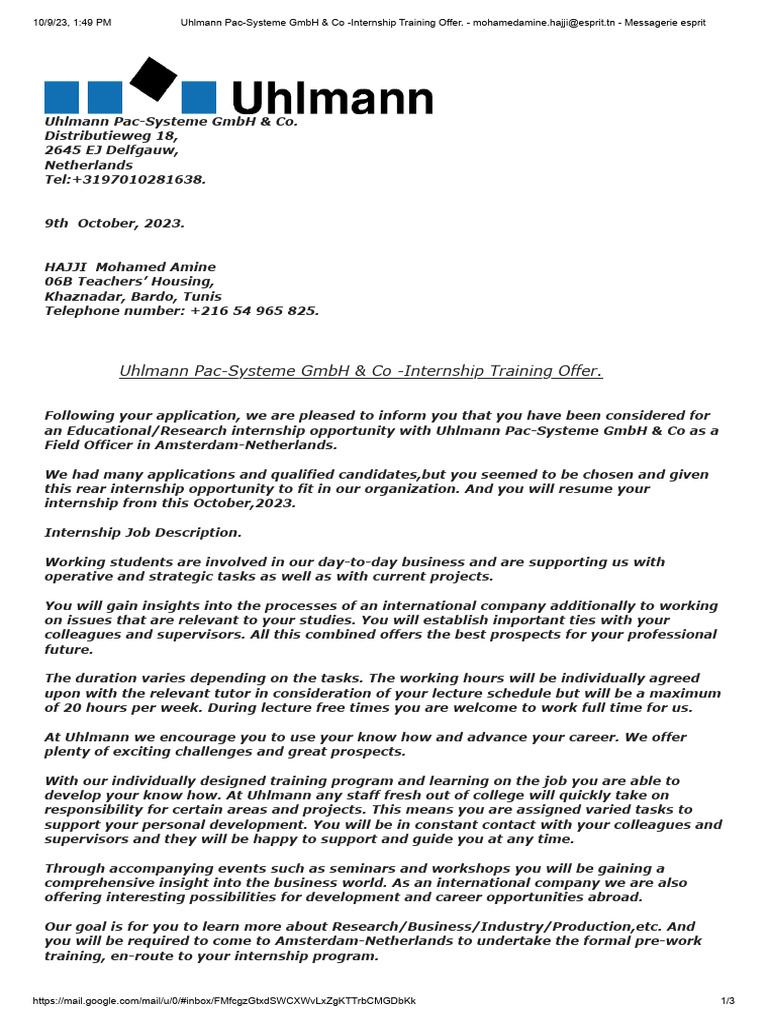 Confidential Internship Acceptance Letter | PDF | Internship | Job Hunting