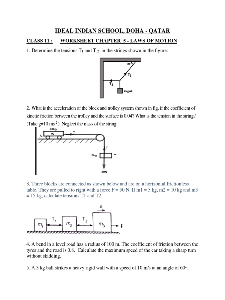 Laws of Motion - Worksheet New | PDF | Tension (Physics) | Force