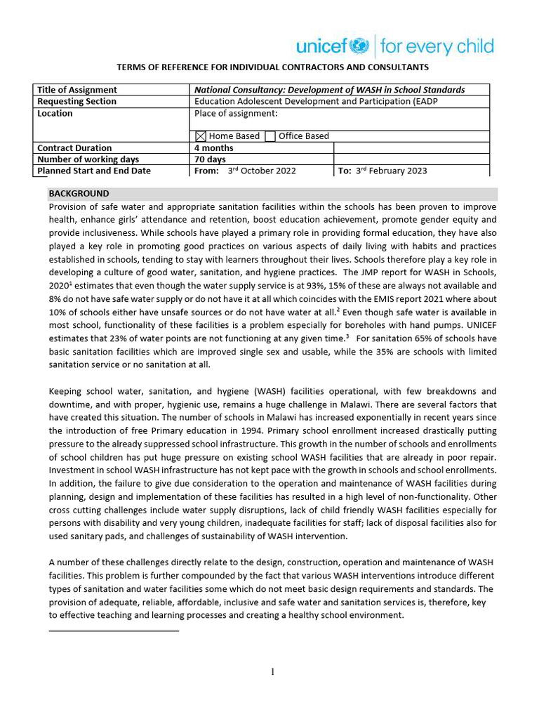 Terms of Reference - WASH in School Consultant | PDF | Wash | Sanitation