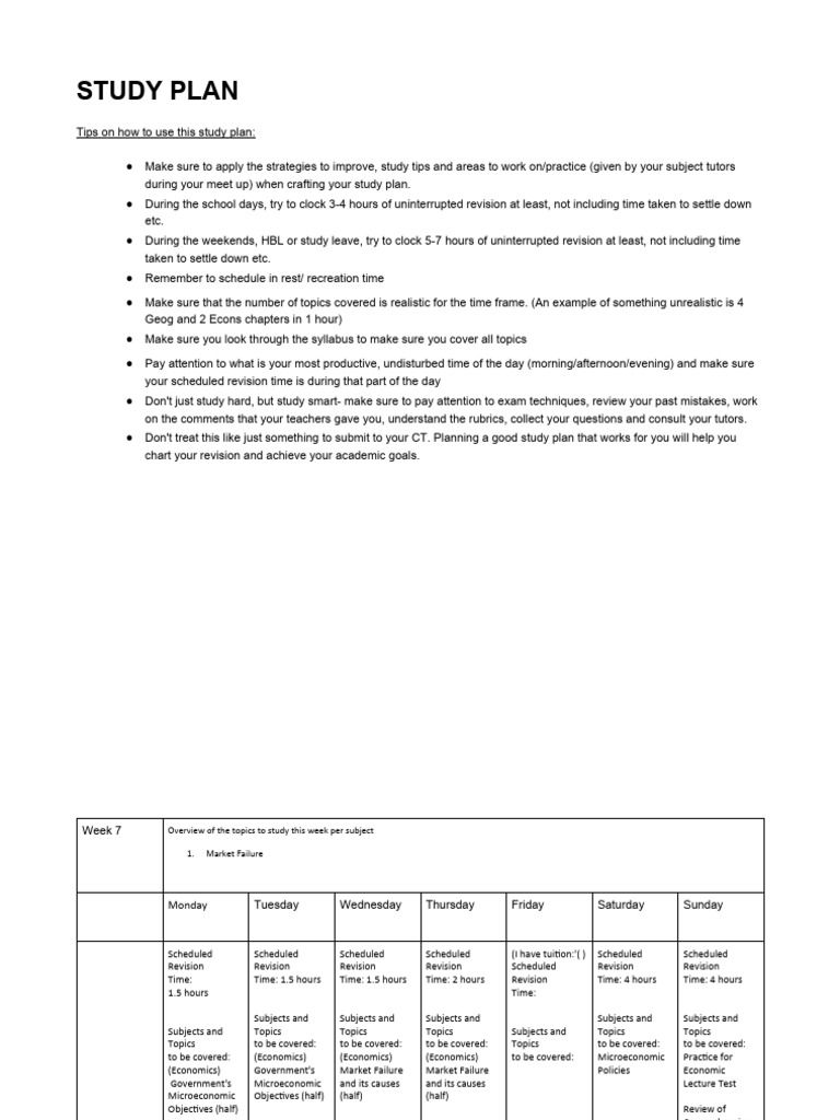 Study Plan Template DHS | PDF | Workweek And Weekend | Economics