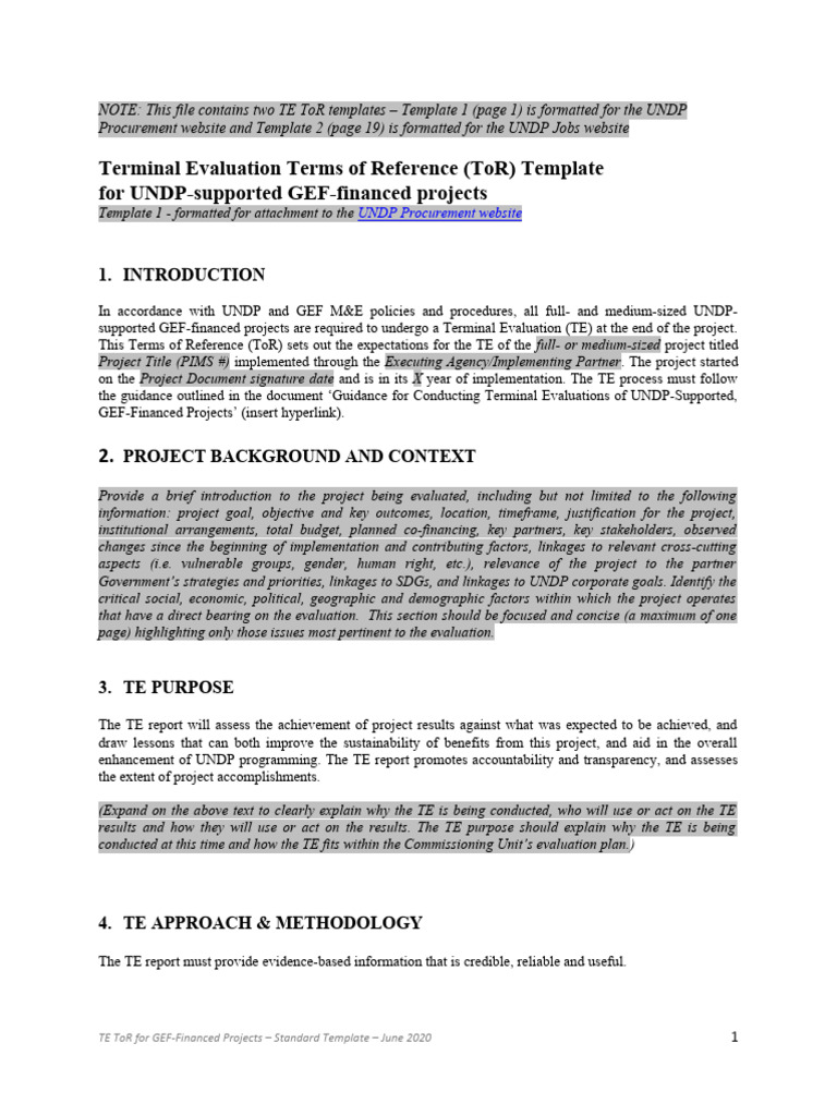 UNDP GEF TE TOR Template June2020 - ENGLISH | PDF | Evaluation | United Nations Development ...