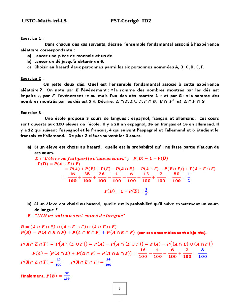 Correction TD2 PST L3 2020-21 | PDF | Dé | Probabilité