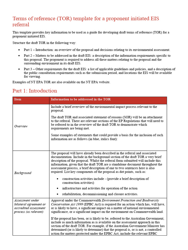 Tor Template Proponent Initiated Eis Referral | PDF | Environmental ...