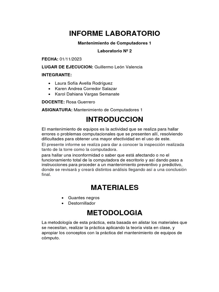 Informe Laboratorio #2 | PDF | Laboratorios | Equipo de oficina